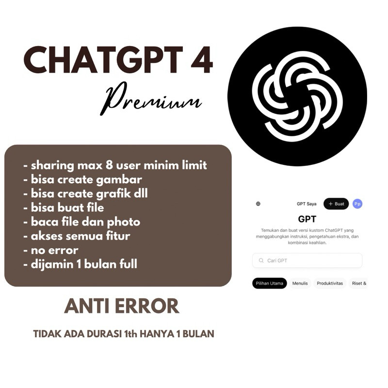 Jual GPT Chatgpt Premium Anti Error FULL GARANSI DAN ANTI LIMIT PRIVATE OR SHARING | Shopee ...