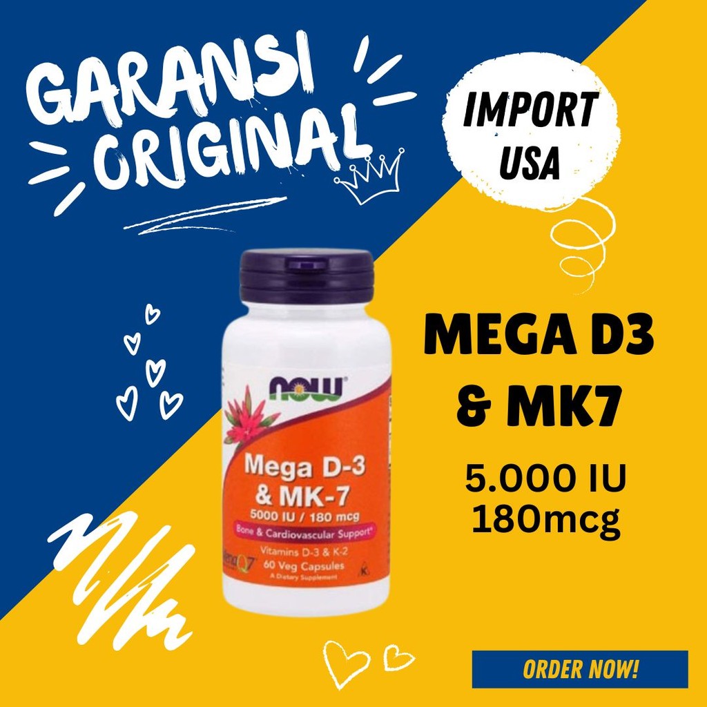 Jual NOW Mega D-3 MK-7 5000 IU 180 mcg foods D3 MK7 K2 K-2 Vitamin 60 ...