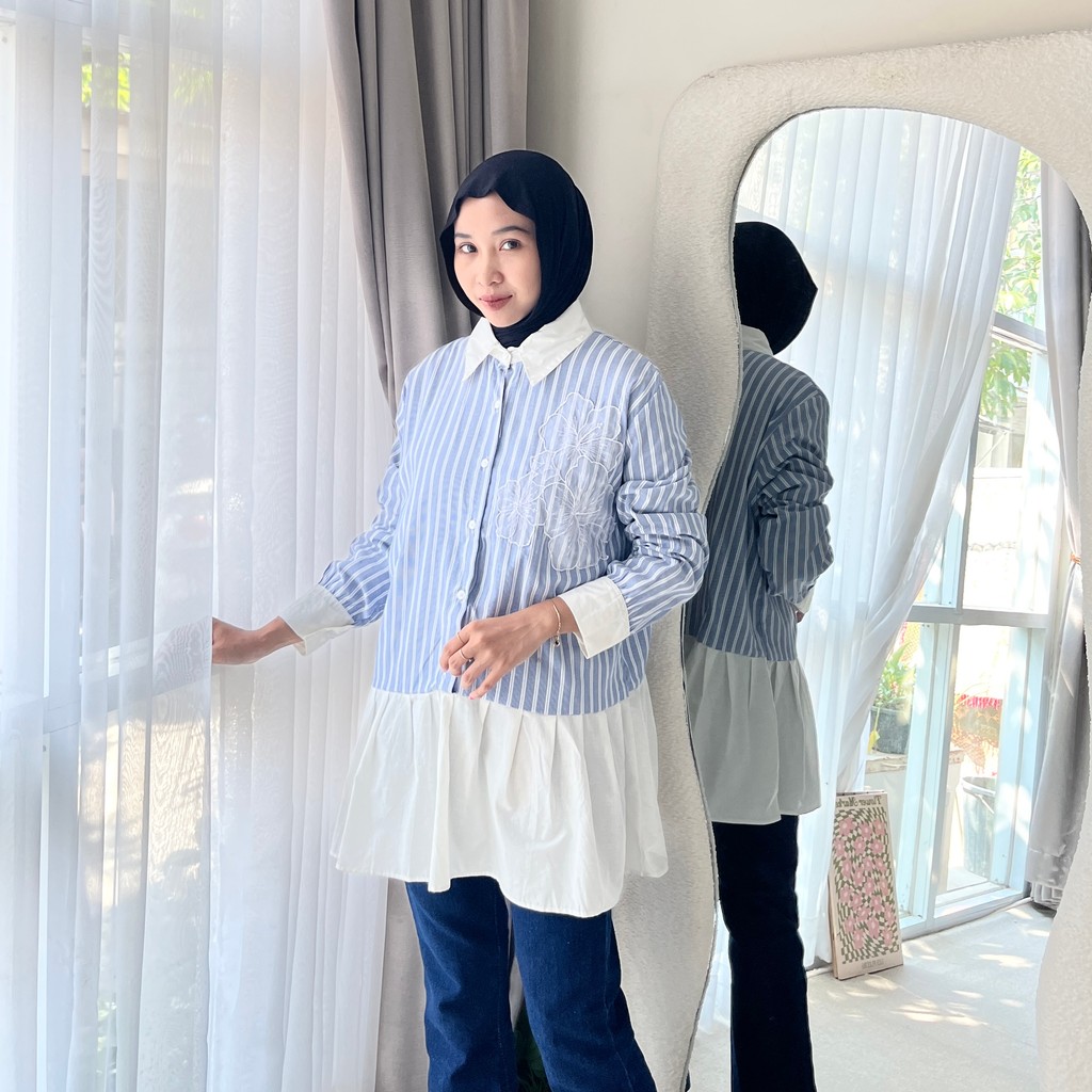 Jual SORA Blouse Salur Mix Katun Poplin Elegan - Blouse Daily Outfit ...