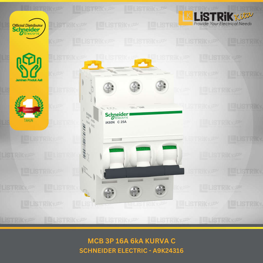 Jual MCB SCHNEIDER ELECTRIC ACTI9 iK60N 3P 16A 6kA KURVA C - A9K24316 ...