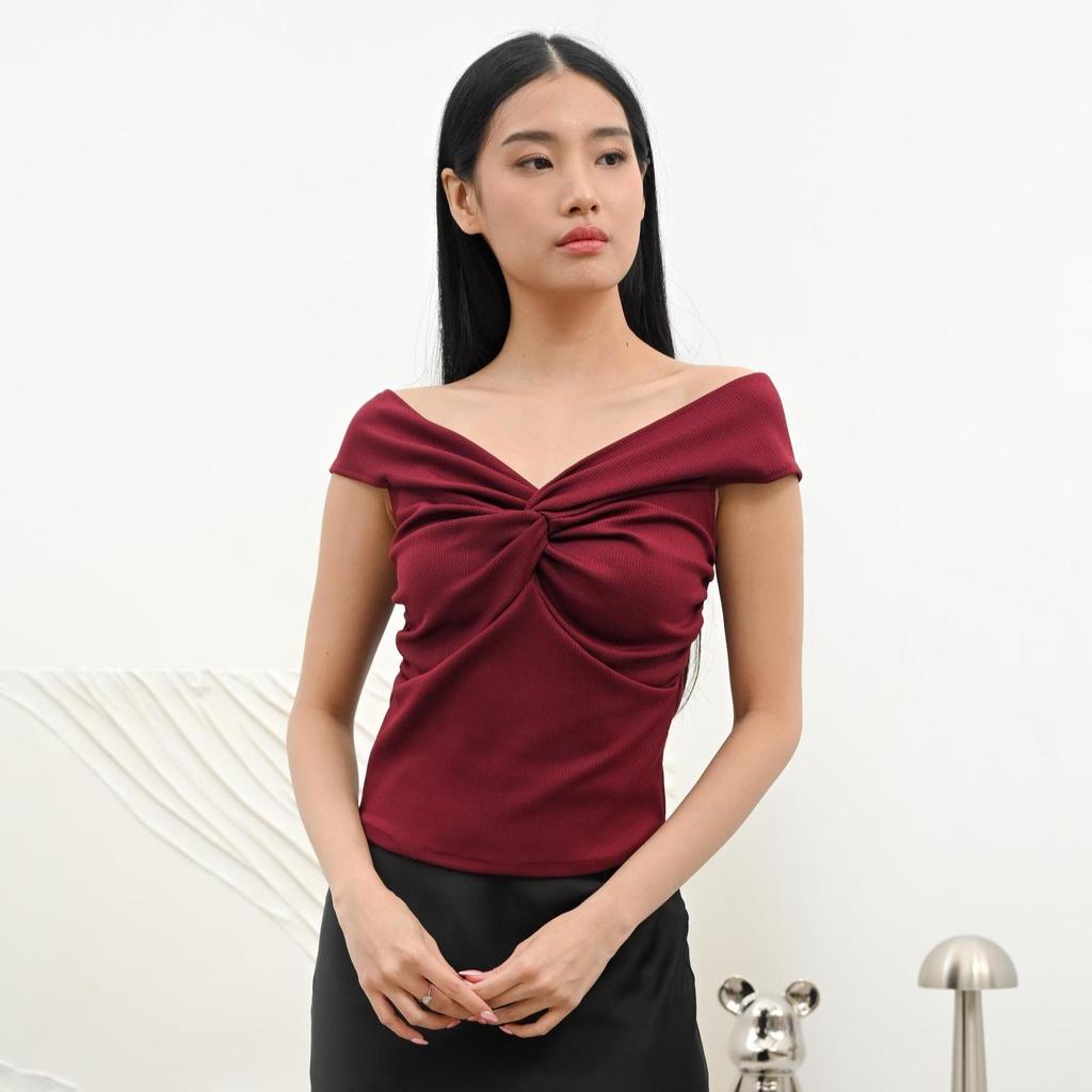 Jual Evaluna JULIE Off Shoulder Twisted Top Rib Knit Atasan Wanita ...