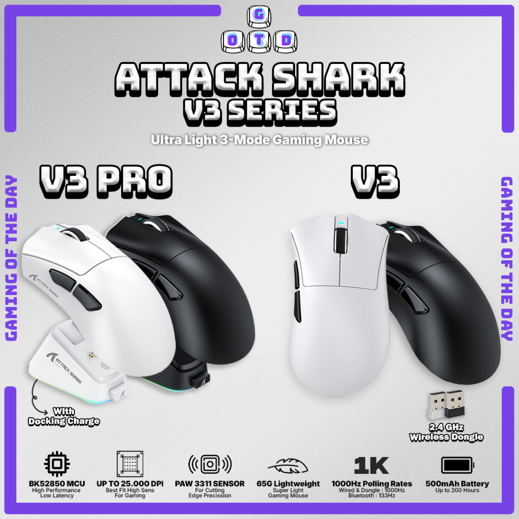 Jual ATTACK SHARK V3 & V3 Pro Ultra-Light Tri-Mode Gaming Mouse Paw3311 ...