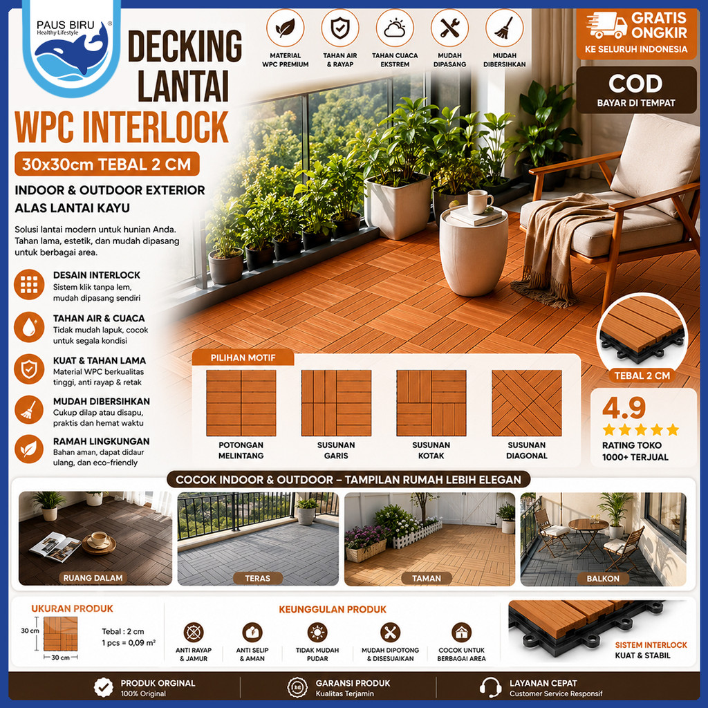 Jual Paus Biru - Lantai WPC Wood Tile 30x30cm Tebal 2cm Decking Kayu ...