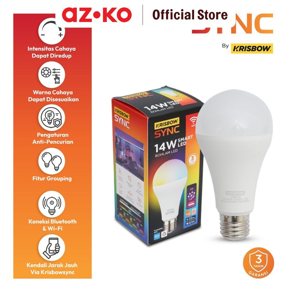 Jual AZKO Krisbow Sync Smart Bohlam Led Wifi Rgbcw Lampu Rumah Kamar ...