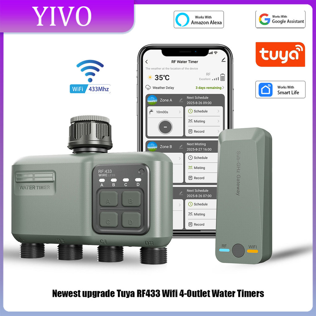 Jual Tuya Wifi+RF433 smart Garden Sprinkler Water Timer 4-Outlet Rain Delay Filter Programmable ...