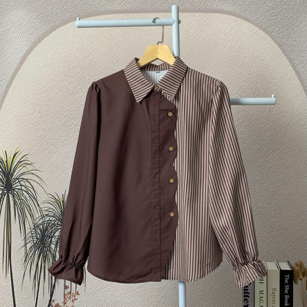Jual CHICMORE Kemeja Wanita Lengan Panjang Patchwork | Cokelat/Apricot ...