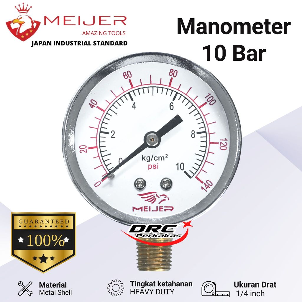 Jual Alat Ukur Tekanan 10 Bar Drat 1/4 Inch Meijer | Pressure Gauge 140 ...