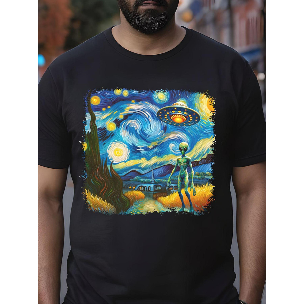 Jual Men'S Artistic UFO Starry Night T Shirt Vibrant Van GoghInspired Design with Alien Cosmic ...
