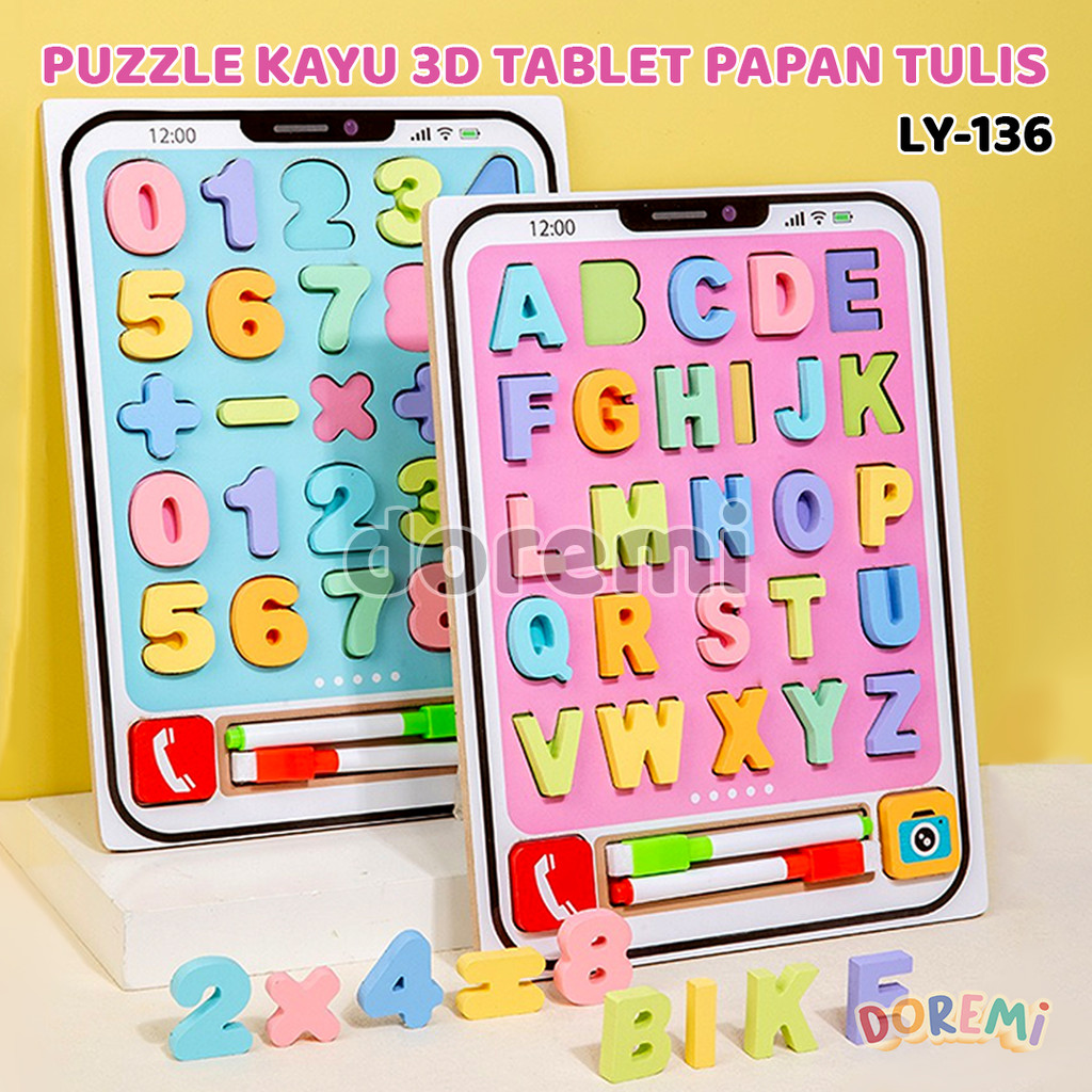 Jual DOREMI Puzzle Kayu 3D Tablet Papan Tulis Huruf Angka Spidol ...