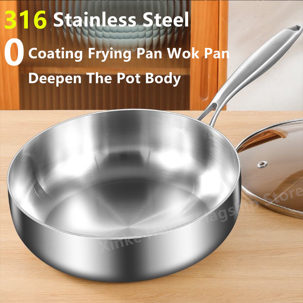 Jual 316 Stainless Steel Frying Pan Deepened Wok Uncoated NonStick ...