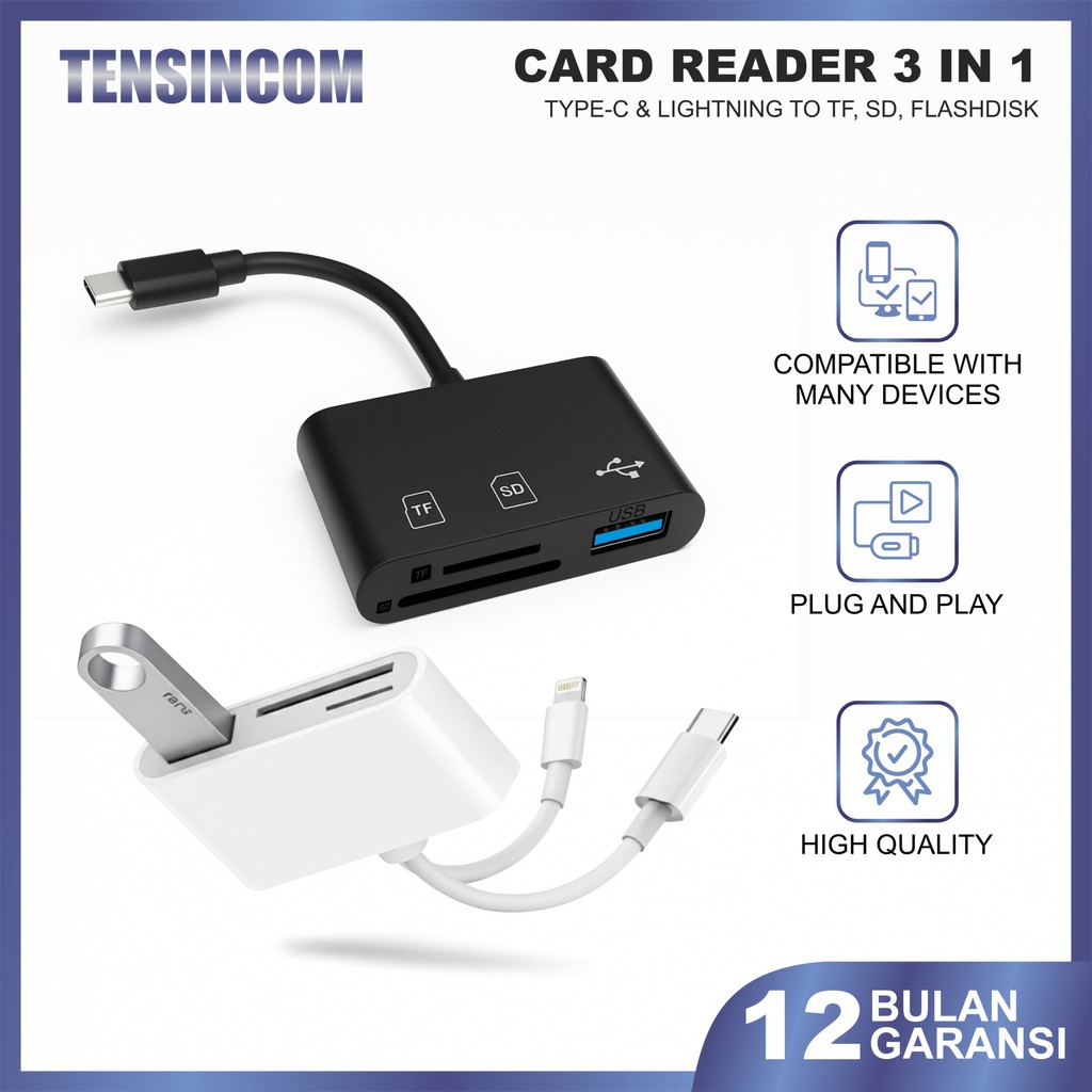 Jual Tensincom Card Reader 3in1 OTG HUB Micro USB dan Type C - Lightning - USB Flashdisk - SD ...