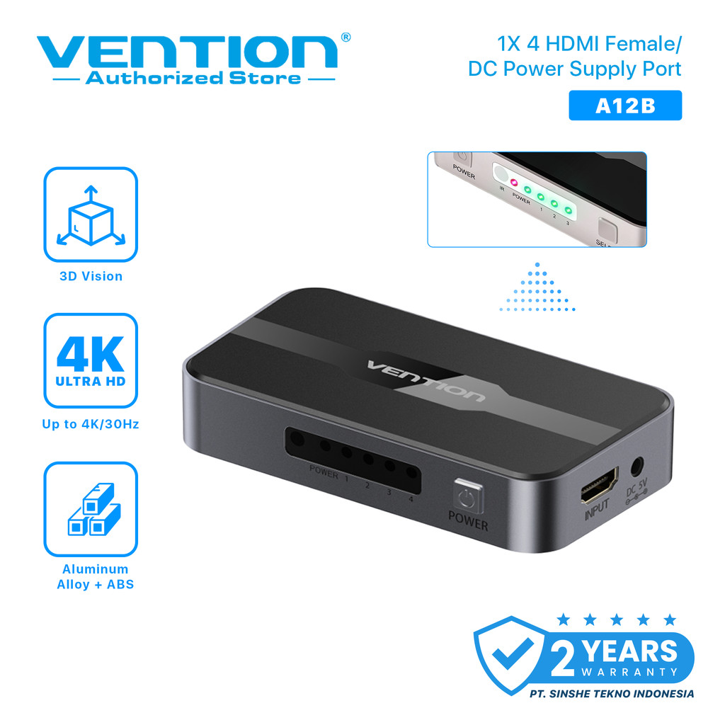 Jual Vention 1 In 4 Out HDMI Splitter Screen Duplicate 4K Full HD Black ...