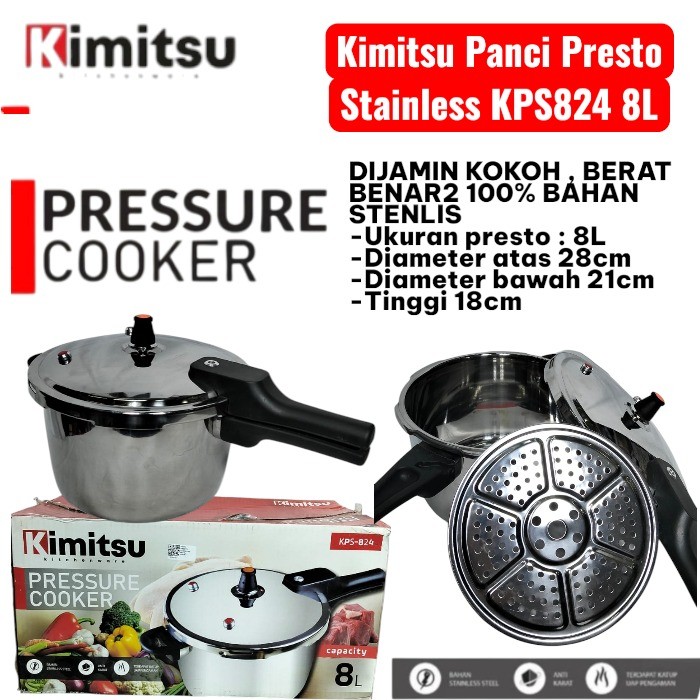 Jual KIMITSU PRESTO STAINLESS KPS 824 PRESSURE COOKER 8L (TEBAL KUAT ...
