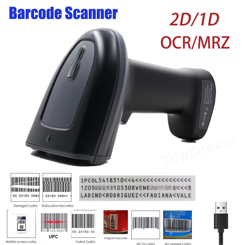 Jual 2D/1D OCR Barcode Scanner Handheld Portable Wired USB Reader MRZ PDF417 Data Matrix for ...