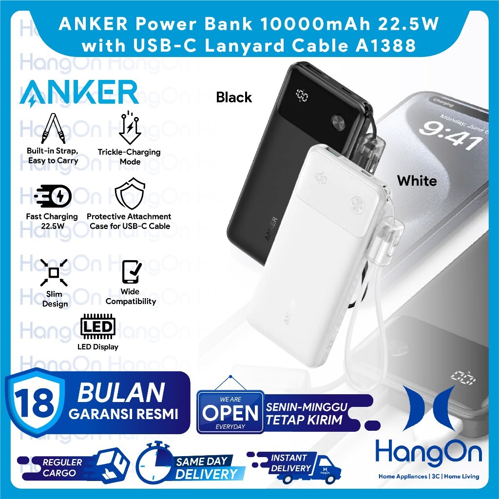 Jual AS ANKER A1388 Power Bank 10000mAh 22.5W with USB-C Lanyard Cable ...
