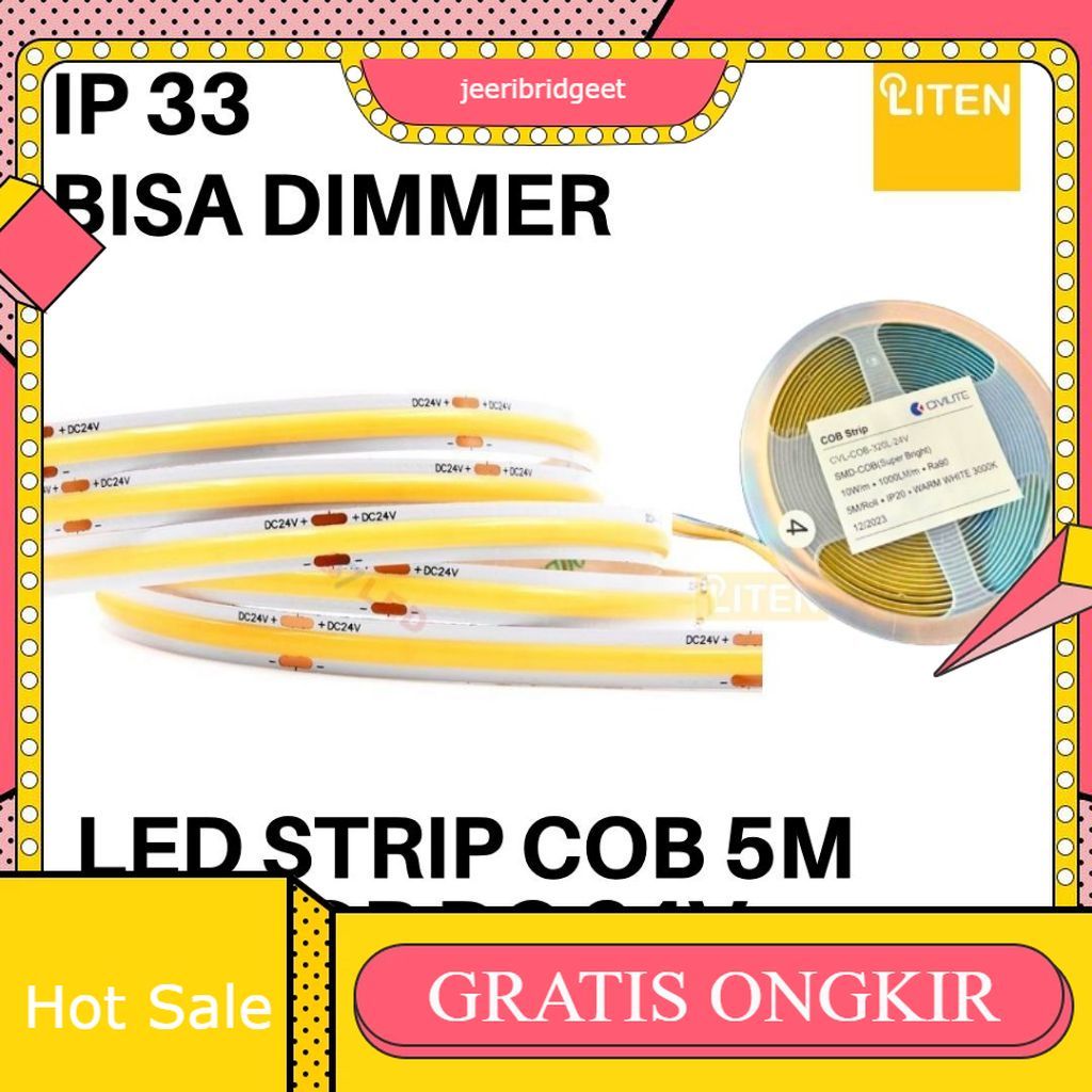 Jual LED Strip COB DIMMABLE Dotless 24V 5 Meter 5m 320 Led IP33 Indoor ...