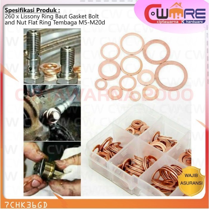 Jual Ring Baut Gasket Bolt and Nut Flat Ring Tembaga M5-M20 260 PCS ...