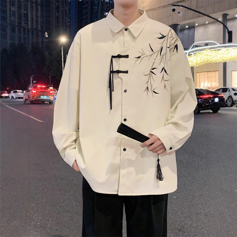 Jual Chinese-style long-sleeved shirt with bamboo embroidery | Shopee ...