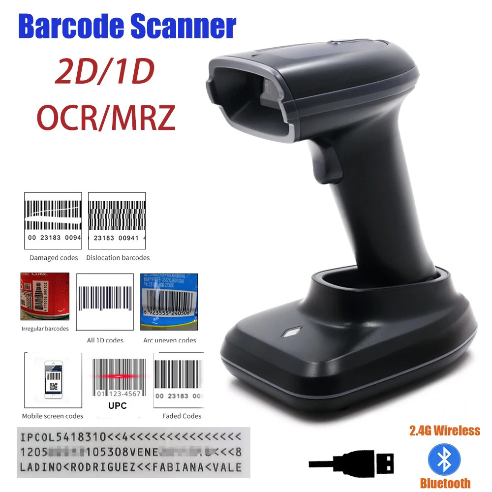Jual 2D/1D OCR Barcode Scanner Handheld Portable Wired/Wireless Bluetooth With Base MRZ PDF417 ...