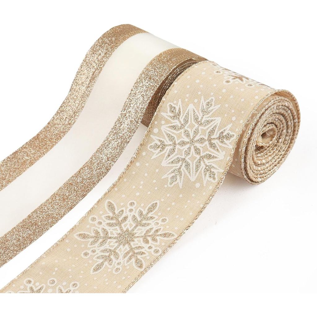 Jual 2 Rolls Christmas Ribbons for Crafting Wired Edge Ribbon Glitter ...