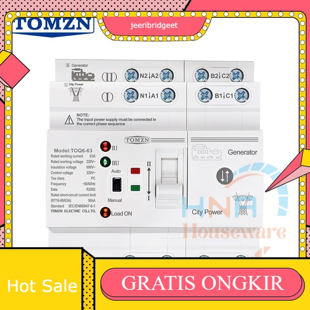 Jual ATS 3 Phase 4 Pole TOMZN Din Rail L N 380V 63A Small Dual Power ...