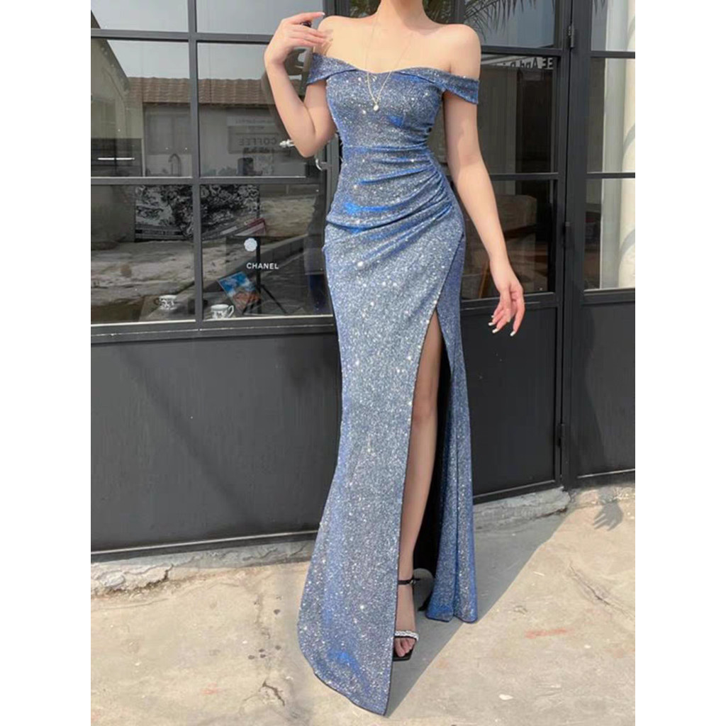Jual Baju Evening Dress Biru Polos Wanita Kekinian Korean Style Pesta ...