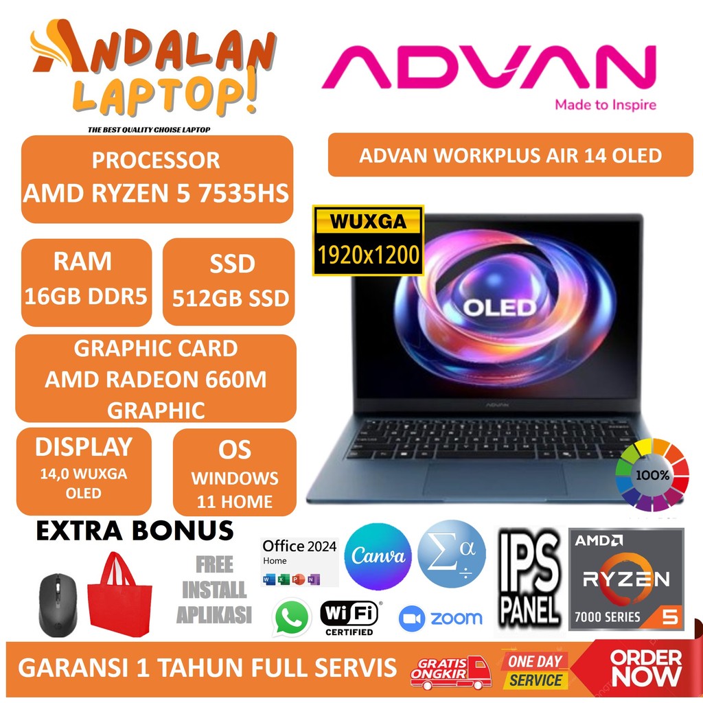 Jual Advan Workplus Air OLED Ryzen 5 7535HS 16GB 512GB SSD 14 WUXGA ...