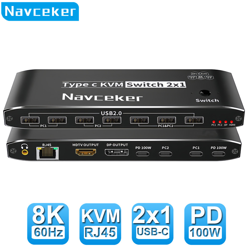 Jual Navceker 2x1 8K Thunderbolt 4 USB C KVM Switch RJ45 100W PD Charge 4K 144Hz Type C KVM ...