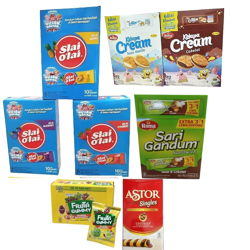 Jual MAYORA ROMA SLAI OLAI/CREAM/SARI GANDUM/ASTOR SINGLES/FRUTA GUMMY ...