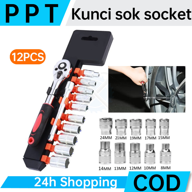 Jual PPT Obeng Kunci Socket Set 12 Pcs Socket 8 - 24mm Ratchet Spanner ...