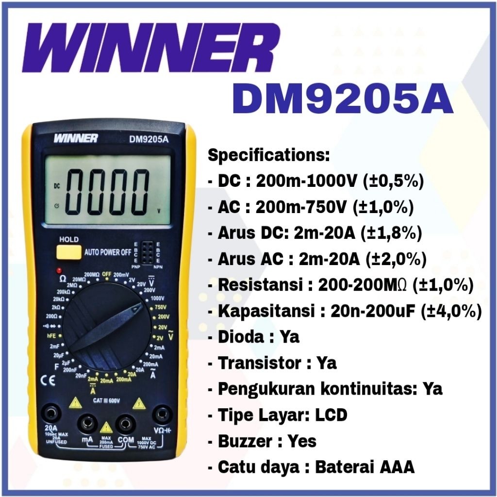 Jual Tester Digital - Multi meter - AVO Meter Winner AC DC DM9205A ...