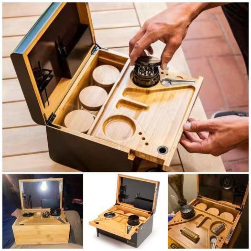 Jual Premium Bamboo Storage Chest Movable Rolling Tray Wood Box Case ...