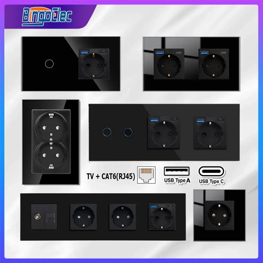 Jual Bingoelec EU Standard Wall Socket Glass USB Electrical Outlet ...