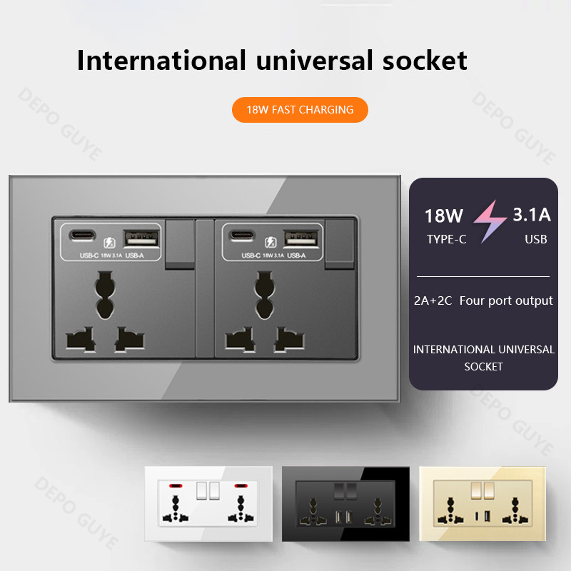Jual Universal Wall Socket 18W Type-C Fast arging Plug Outlet,Glass ...