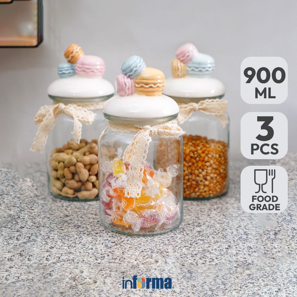 Jual Informa 900 ml Set 3 Pcs Stoples Kaca Macaroon Toples Jar Wadah ...