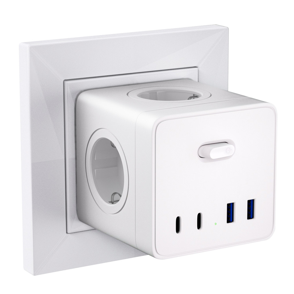 Jual EU Plug Cube Power Wall Socket with 4 AC Outlets + 2 USB and 2 ...