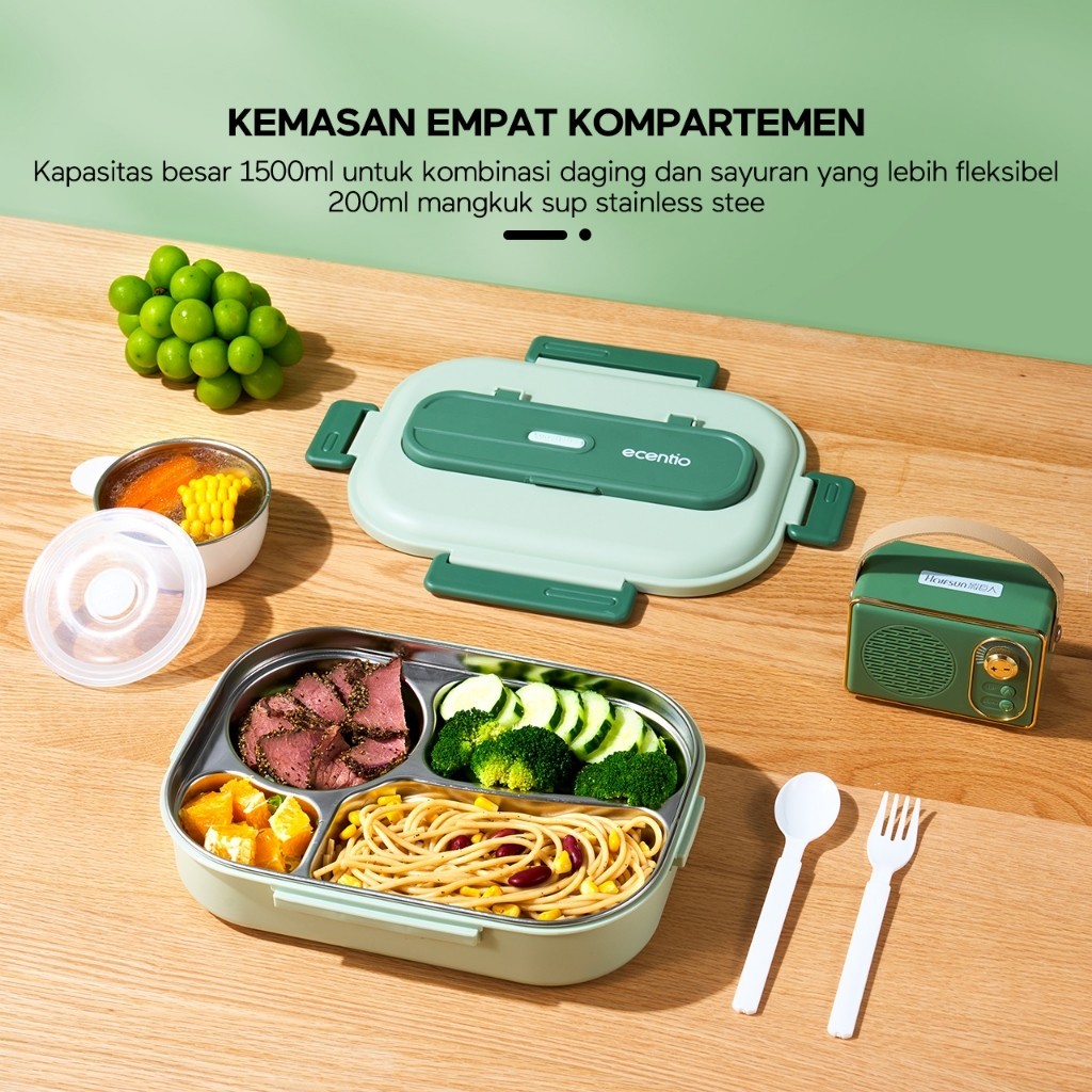 Jual ECENTIO Lunch Box 4 Sekat Stainless Steel1500ml Free Wadah Cawan ...