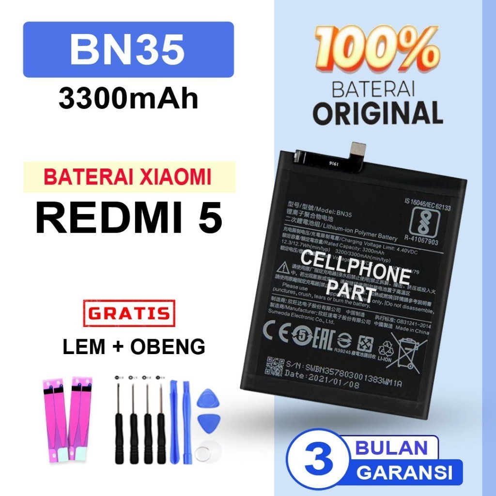 Jual BATERAI BATRE XIAOMI REDMI 5 / BN35 ORIGINAL ((FREE OBENG+LEM ...