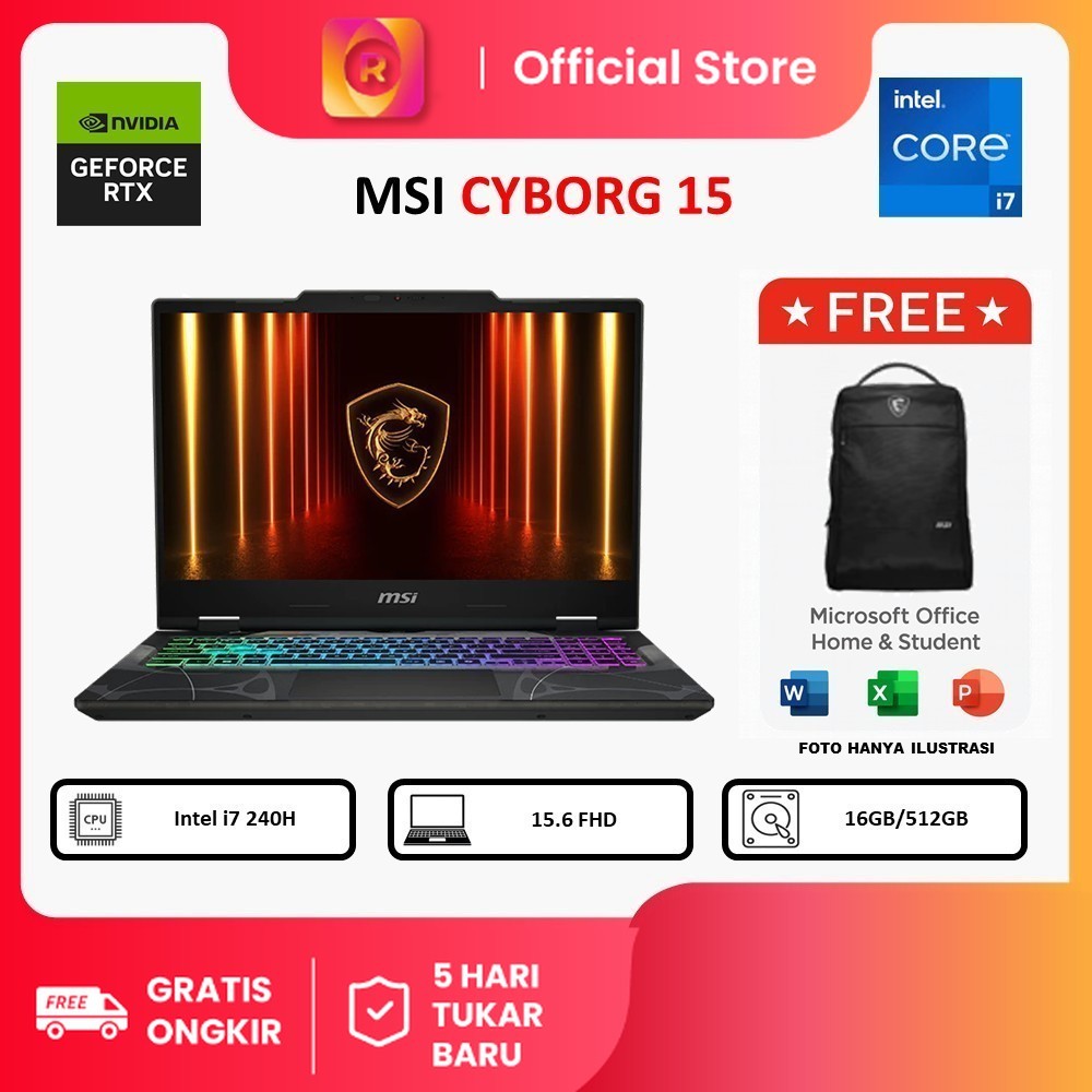 Jual MSI CYBORG 15 CORE I7 240H RTX5060 8GB/ 16GB 512GB W11+OHS 15.6FHD ...