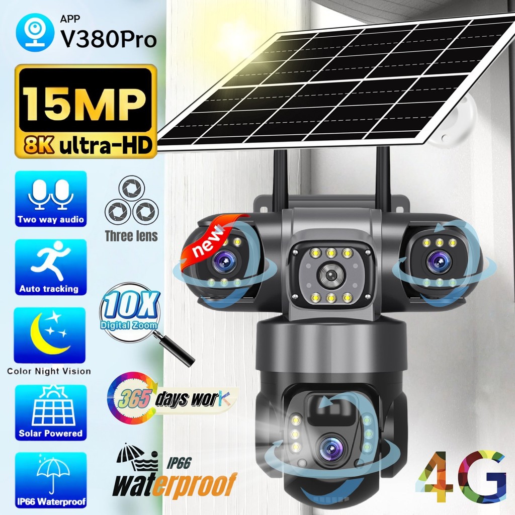 Jual 3 Lens 4G Solar Camera HD 15MP 8K Outdoor PTZ Waterproof Night ...