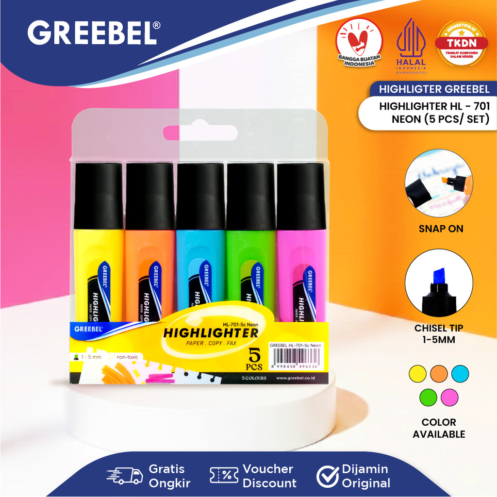 Jual GREEBEL Highlighter 1 Set 5 Warna HL-701 Neon / Penanda Warna ...