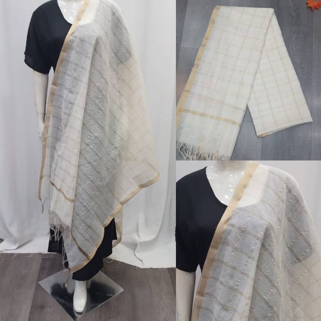 Jual Selendang / Dupatta India Katun Chanderi Cream Dengan Weaving Gold ...