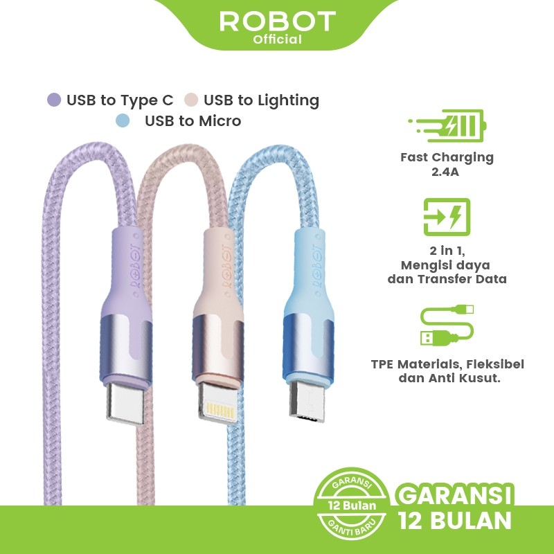 Jual ROBOT Kabel Data RTM RTL RTC 1M Original Fast Charging 2.4A Type-C ...