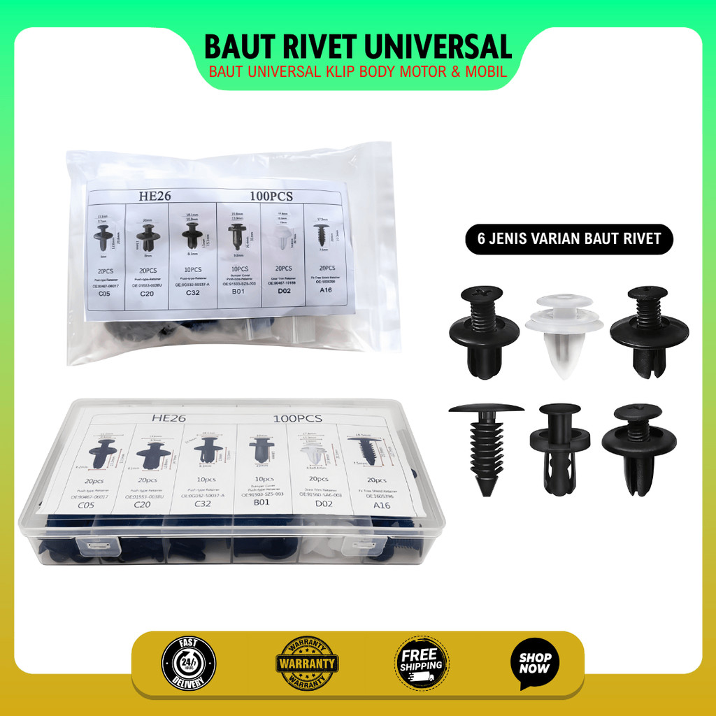 Jual 100 PCS Baut Rivet Mobil/Universal Klip Bumper Baut Body Plastik ...