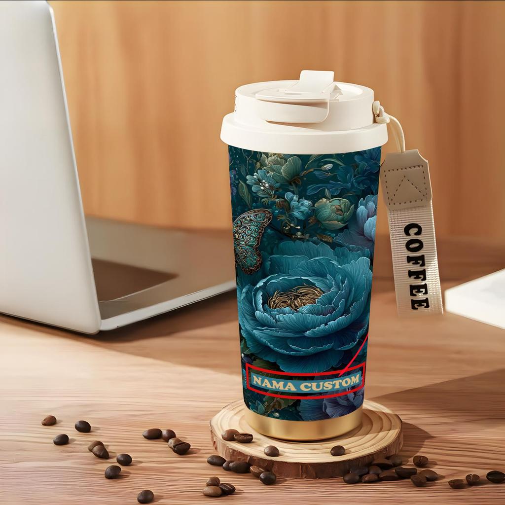 Jual custom nama Tumbler Cangkir Termos Motif bunga biru elegan 500ml ...