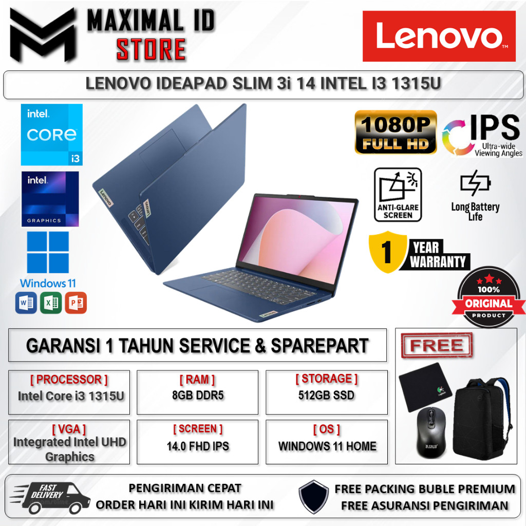 Jual Laptop Lenovo IDEAPAD SLIM 3i 14 INTEL I3 1315U 8GB 512GB 14.0 FHD ...