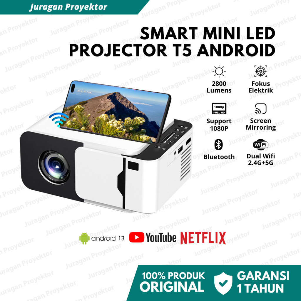 Jual Proyektor Mini LED T5 Android 13.0 Wifi 2800 Lumens | Proyektor ...