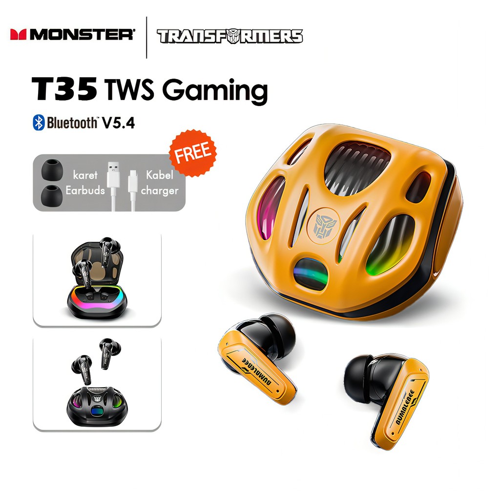 Jual Monster x Transformers T35 Earphone TWS Bluetooth LED V5.4 Gaming ...
