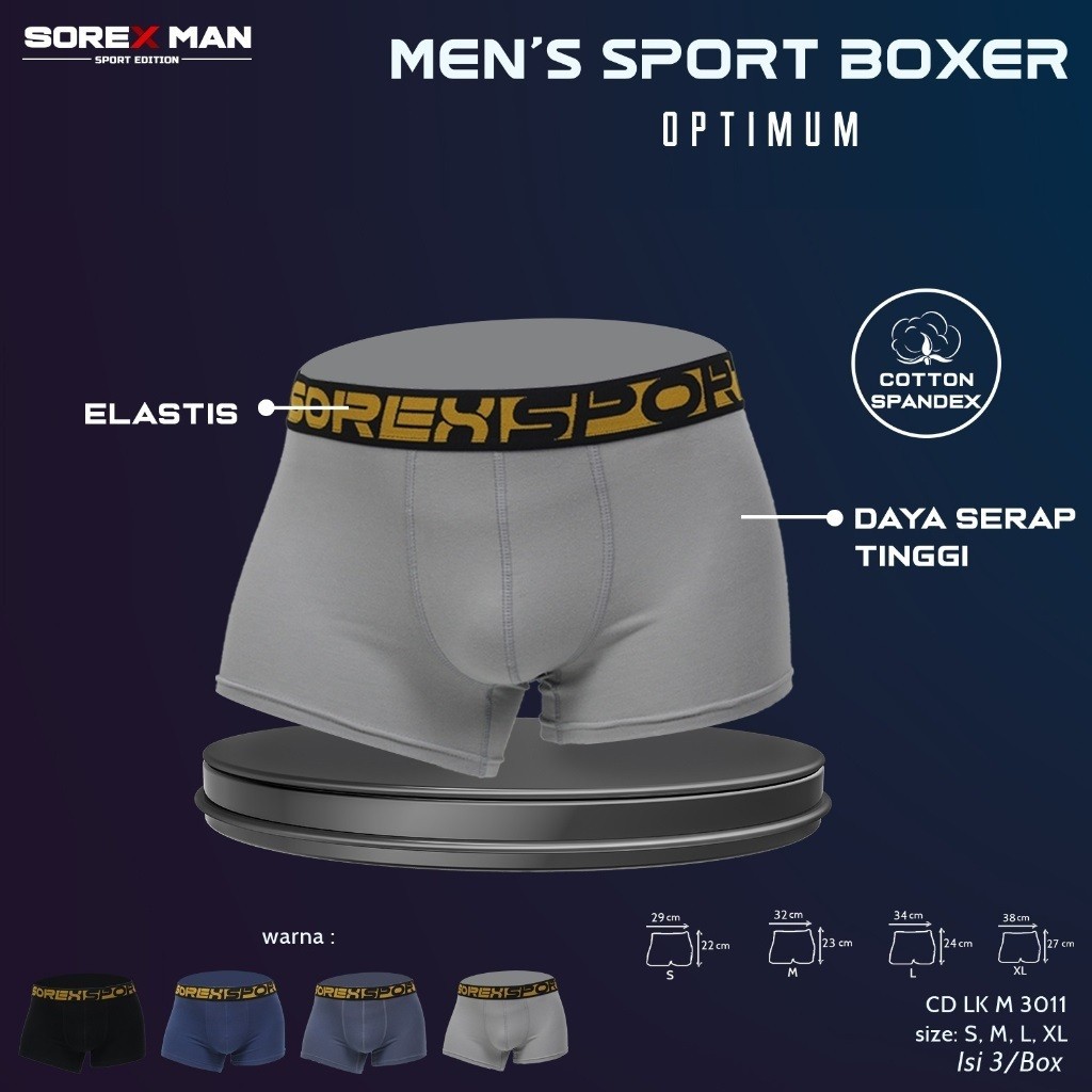 Jual [3 PCS] Boxer Sorex Pria Dewasa 3011 Sport Katun Spandex, Celana ...