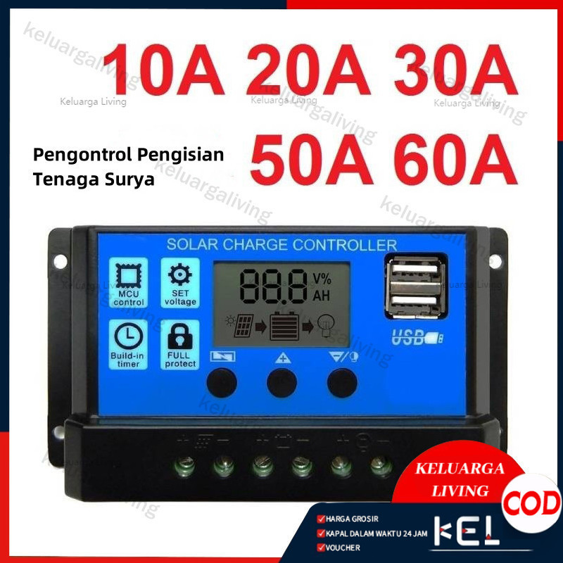 Jual Solar Charge Controller LCD LED Display Solar PWM 12V/24V 10A 20A ...